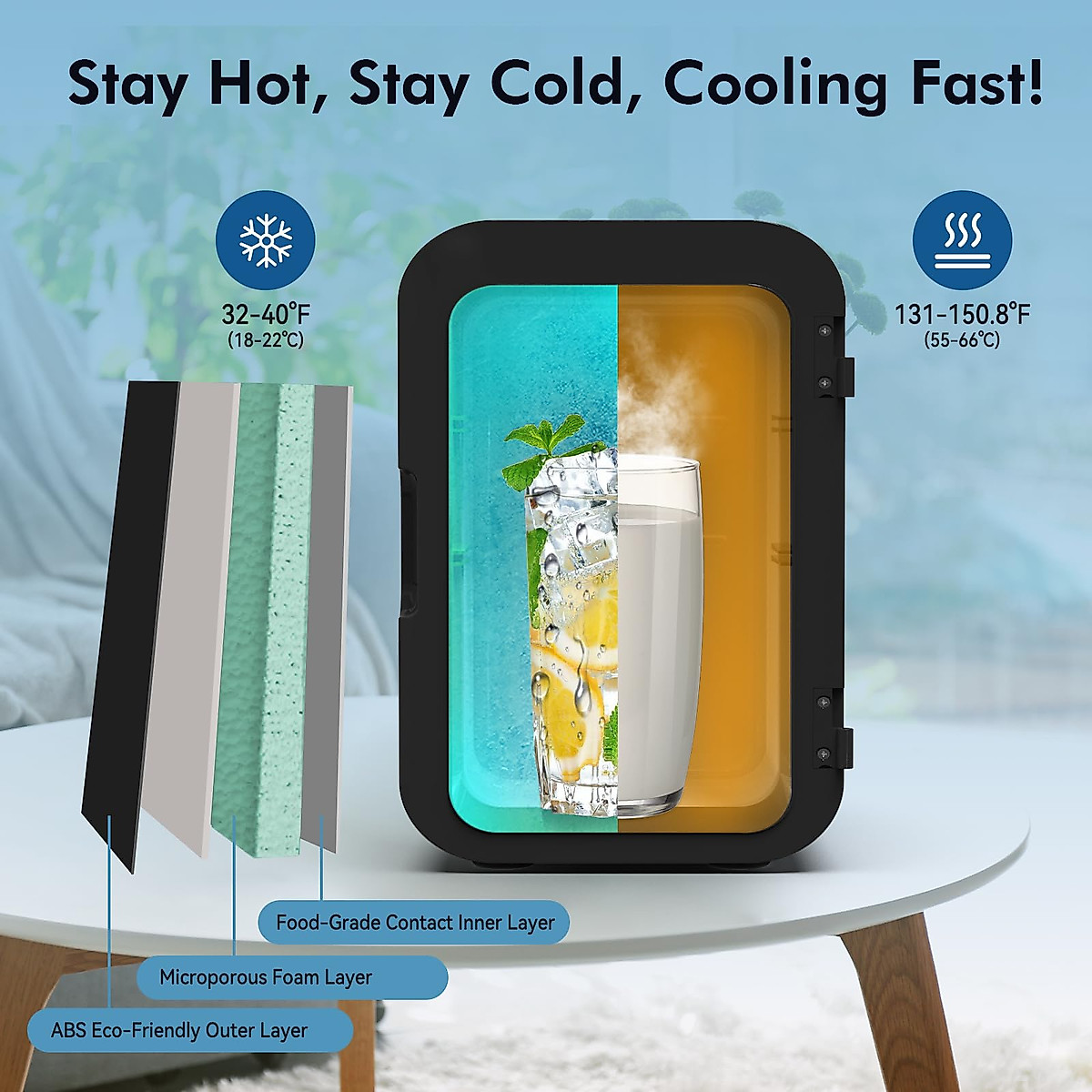 CALEN Mini Fridge with 2 Bottles, 6L/8 Cans Mini Fridge for Bedroom, Skincare Fridge 110V AC/12V DC Small Refrigerator for Food, Beverages, Cosmetics, Portable Mini Refrigerator for Office, Dorm, Car