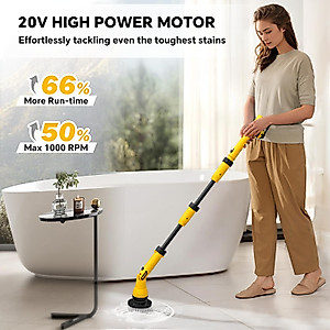 1000RPM Electric Spin Scrubber, 20V Cordless Cleaning Brush with Adjustable Extension Arm, 4 Replaceable Cleaning Heads, Hook and Gloves, 1 Hour Fast Charge, Waterproof - for Bathroom/Tub/Tile/Floor