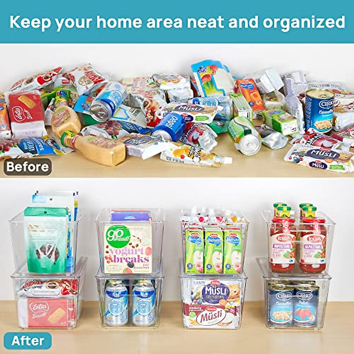 Vtopmart 4 Pack Clear Stackable Storage Bins with Lids, Large Plastic Containers with Handle for Pantry Organization and Storage,Perfect for Kitchen, Fridge, Cabinet, Bathroom Organizer