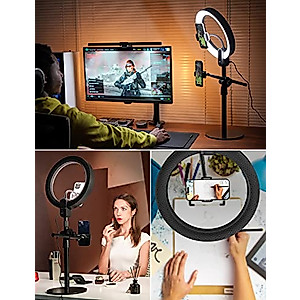 viozon Overhead Live Stand with 12" LED Ring Light, Outer 24W 6500K, Two Cellphone Holders Compatible with 3.5-6.7" Cellphones, Adjustable Height&Angle, Aluminum Alloy, for Live Stream/YouTube/TikTok