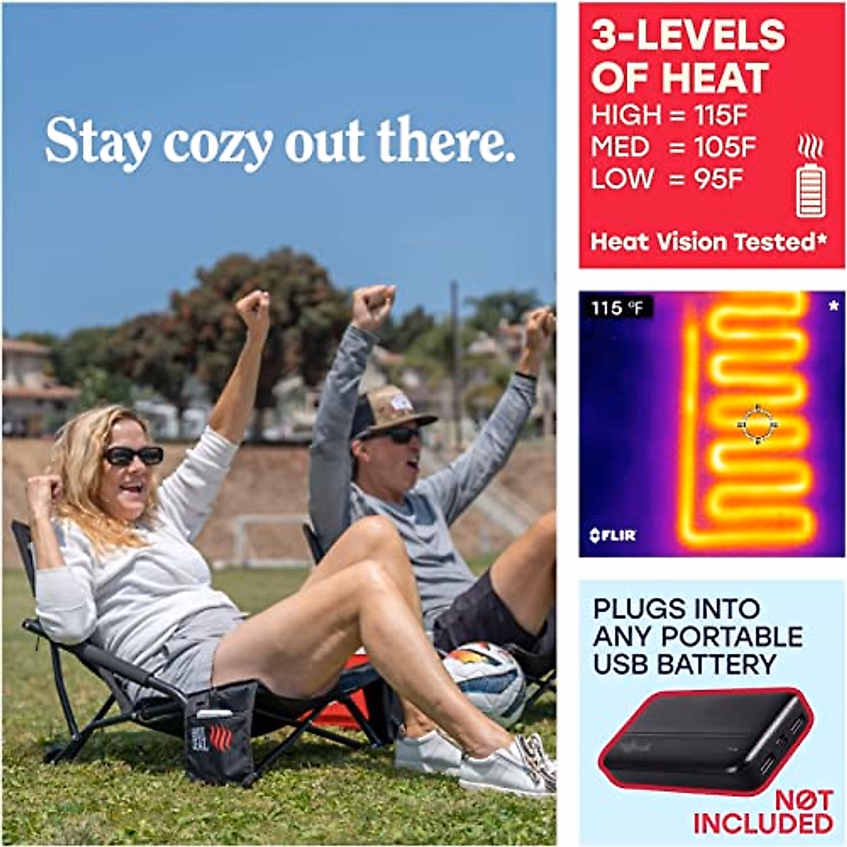 POP The Hot Seat, Heated Lightweight Folding Low Beach Chair, 2 Zipper Pockets, Padded Armrests, Portable with Carry Bag, Perfect for Camping, Beach, Soccer and Lawns. (Battery NOT Included)