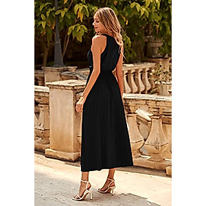 PRETTYGARDEN Women's Long Sun Dresses 2023 Sleeveless Halter Neck Flowy Pleated Maxi Cocktail Dress (Black,Large)