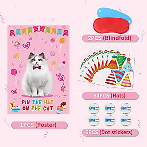 Pin The Hat On The Cat Party Game Cat Birthday Party Games for Kids, Cat Birthday Party Supplies Decorations for Girls Boys, Large Cat Poster with 54 Hat Stickers
