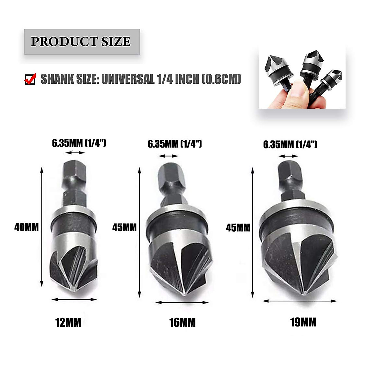 Tomato Palace Countersink Drill Bit Set 3 PCS High Carbon Steel Universal 1/4 inches Hex Shank Countersink Drill Bit Set for Wood + Spring Loaded Automated Center Punch