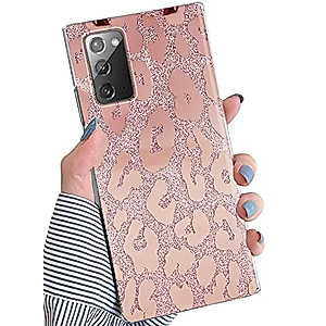 J.west for Samsung Galaxy Note 20 Case 6.7 inch,Luxury Saprkle Bling Glitter Leopard Print Design Soft Metallic Slim Protective Phone Cases for Women Girls Clear TPU Bumper Silicone Cover Rose Gold