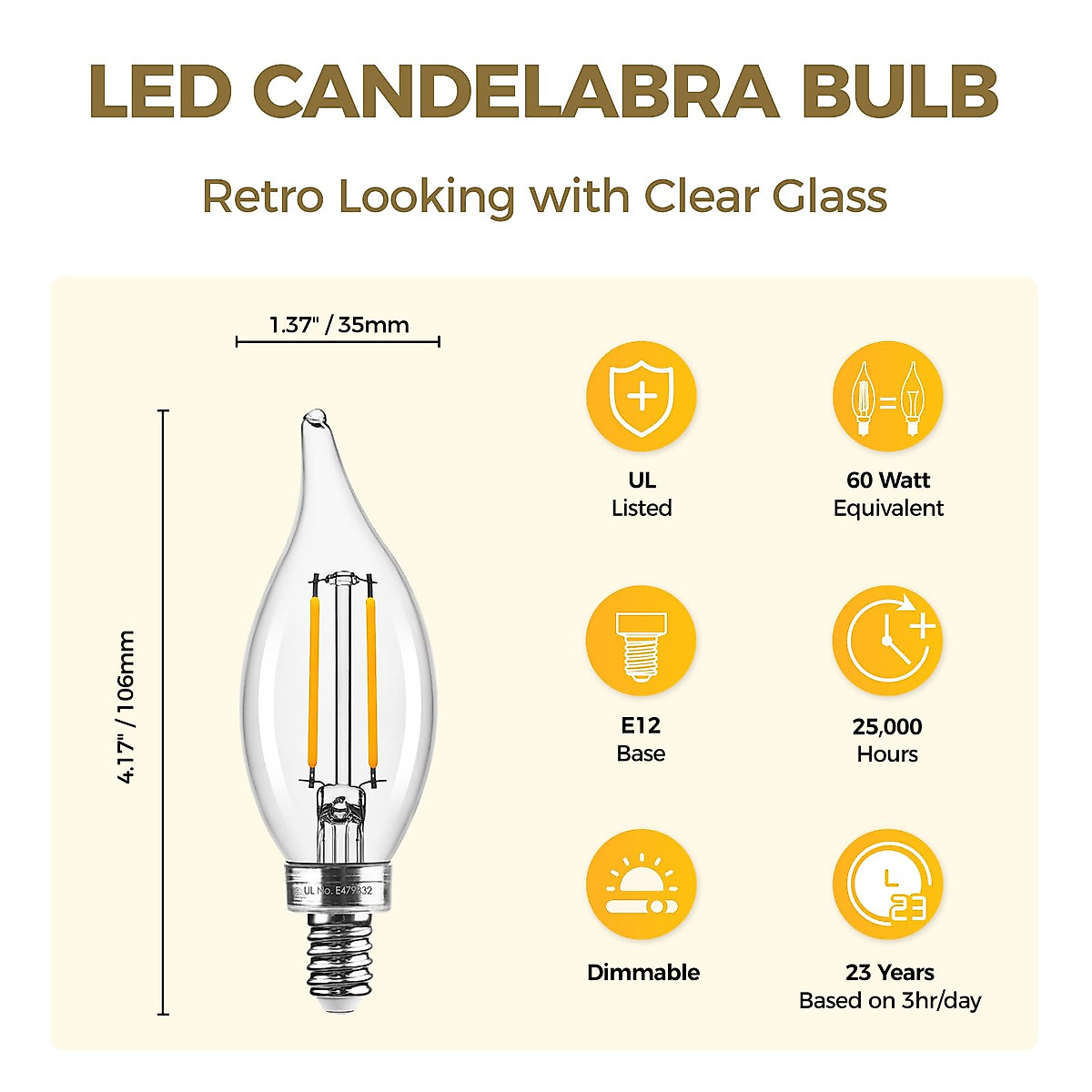 Hizashi E12 Candelabra Bulb 60 watt Equivalent, 2700K Soft Warm White, Dimmable Chandelier Light Bulbs, 90+ CRI 6W 550LM, CA11 Flame Tip E12 LED Candle Bulb, UL Listed,12 Pack
