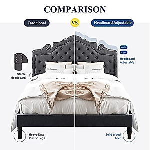 Allewie Queen Bed Frame with Adjustable Tiara Headboard, Fabric Upholstered Diamond Button Tufted Platform Bed, Wood Slats Support, No Box Spring Needed, Mattress Foundation, Easy Assembly, Dark Grey
