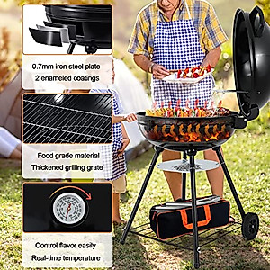 22-inch Charcoal Kettle Grill Set of 12, HaSteeL 2 Layer Grilling Racks Outdoor BBQ Grill, Heavy Duty Large Enameled Grills with Grilling Accessories for Camping Backyard Picnic, Barbecue Spatula