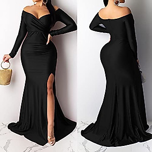 Uni Clau Women Sexy Off Shoulder V Neck Long Sleeve Ruched Maxi Dress High Split Formal Party Gown Nigh Maxi Dresses Black M