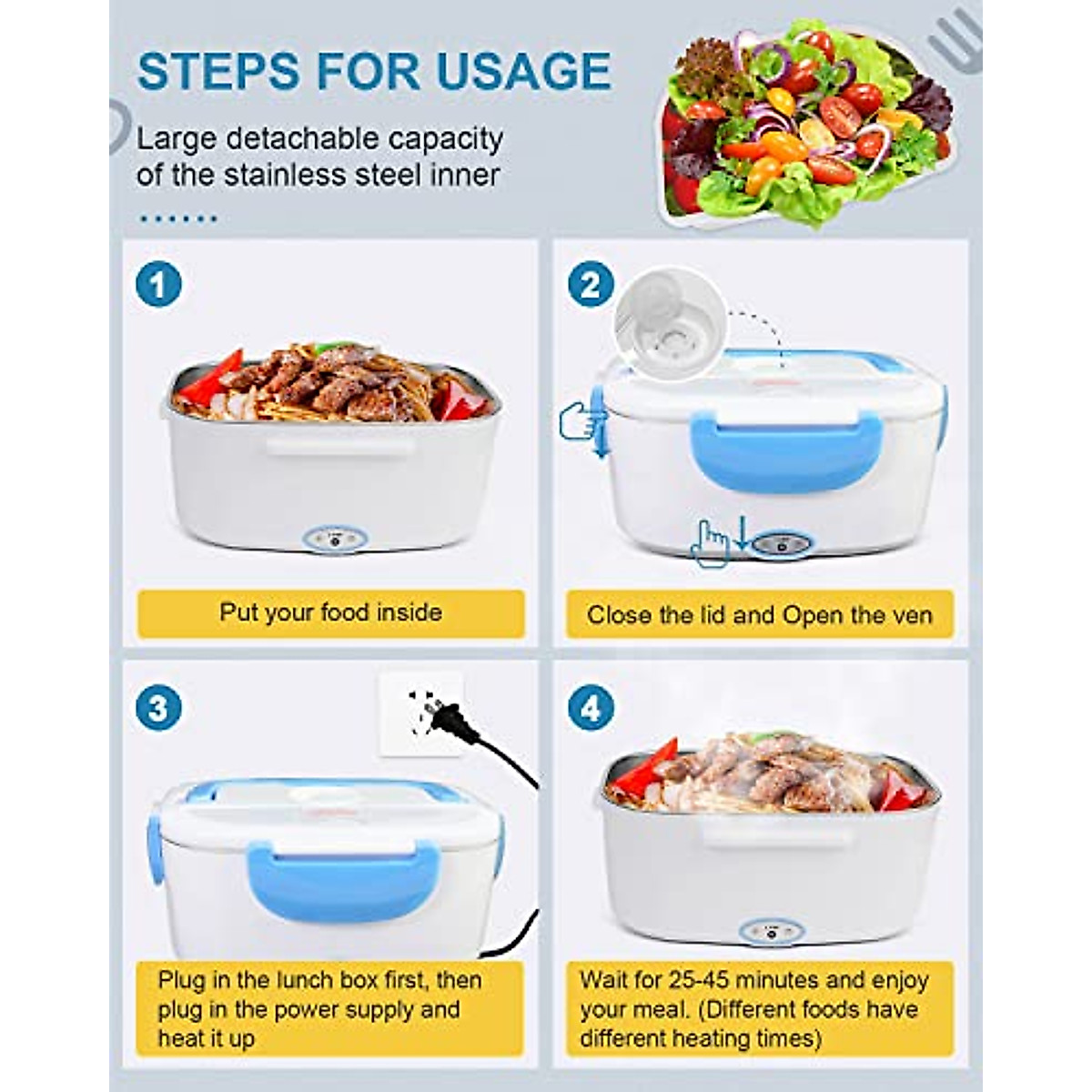 AUTOPkio Electric Heating Lunch Box, 12V 24V 110V 3 in 1 Portable Food Heater with 1.5L Removable Stainless Steel Container, Carry Bag for Car Truck Work (Blue)