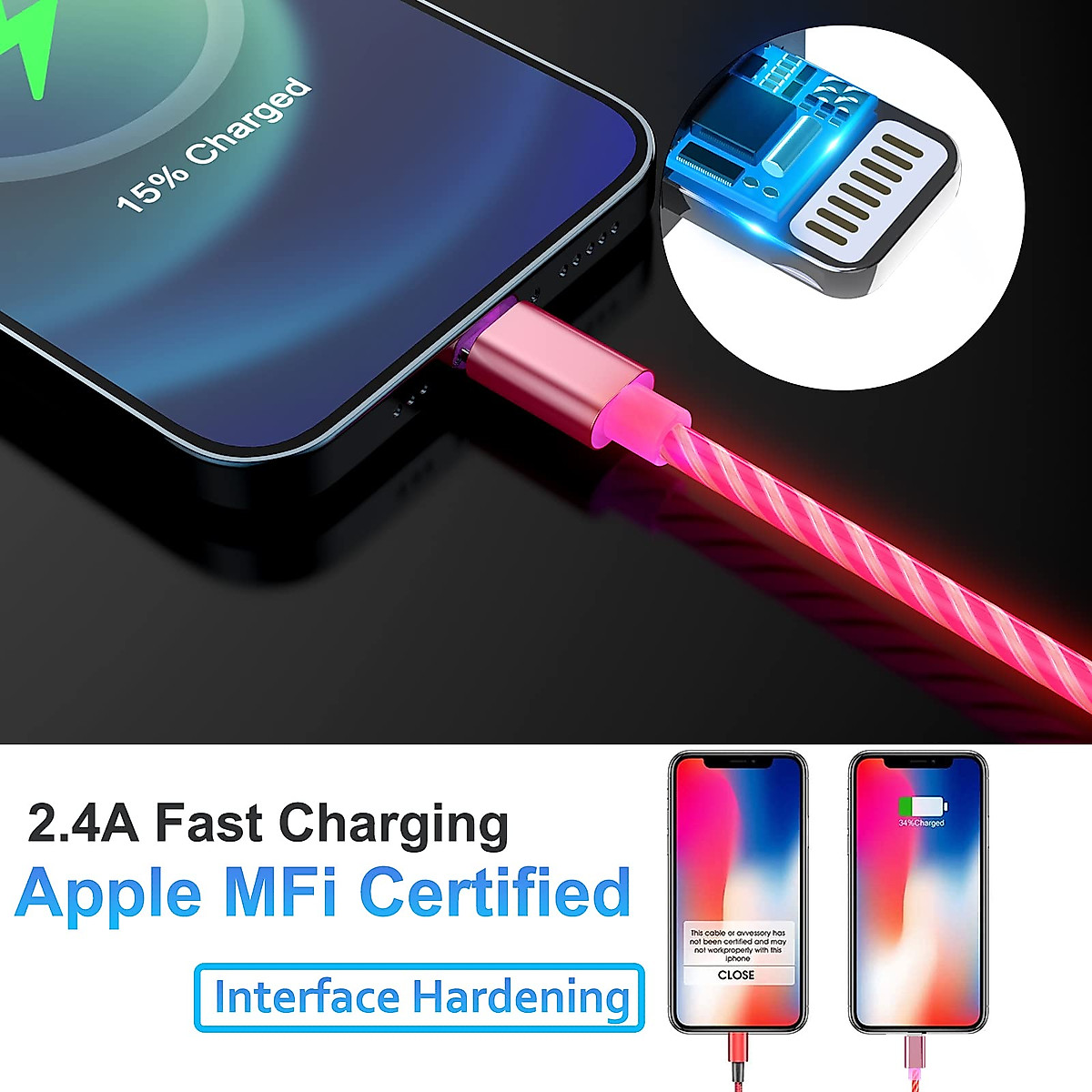 Apple MFi Certified iPhone Charger 6.6ft, LED Light Up Apple Charger Lightning Cable Data Sync Cord LED Light Up Glowing Fast Charging Cable Cord for Apple iPhone 13/12/Pro/11/X/XS/XR/8/7/6/5S/SE/iPad