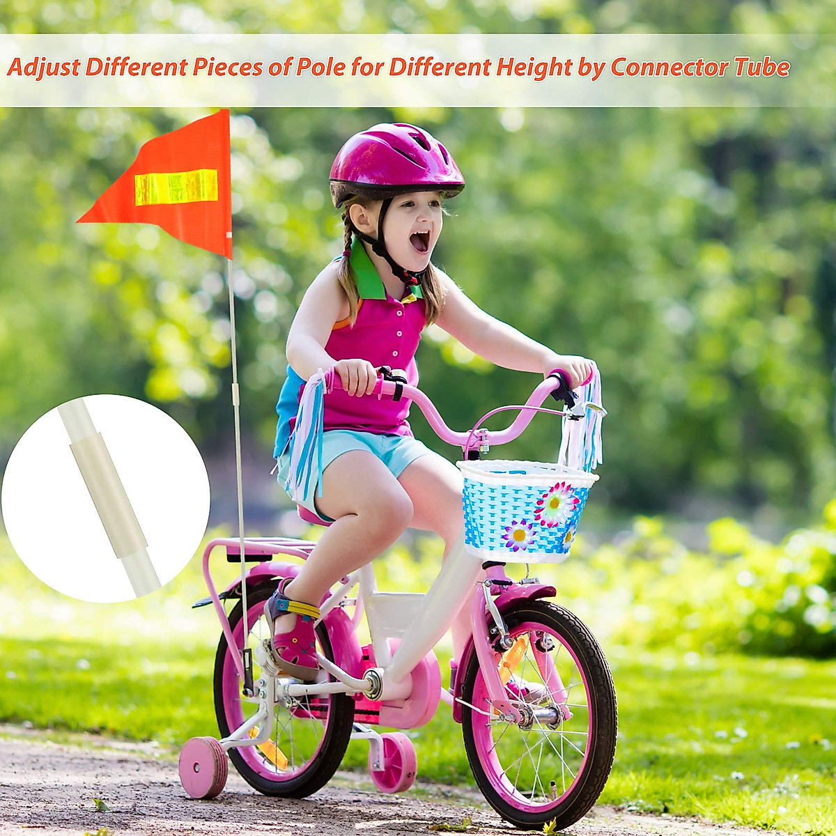 Tatuo 2 Sets Bike Flags with Pole, 6 Feet Height Adjustable Waterproof Orange Safety Flag Sturdy Fiberglass Bicycle Flag Pole for Kids Outdoor Cycling Supplies (Red Yellow and White)
