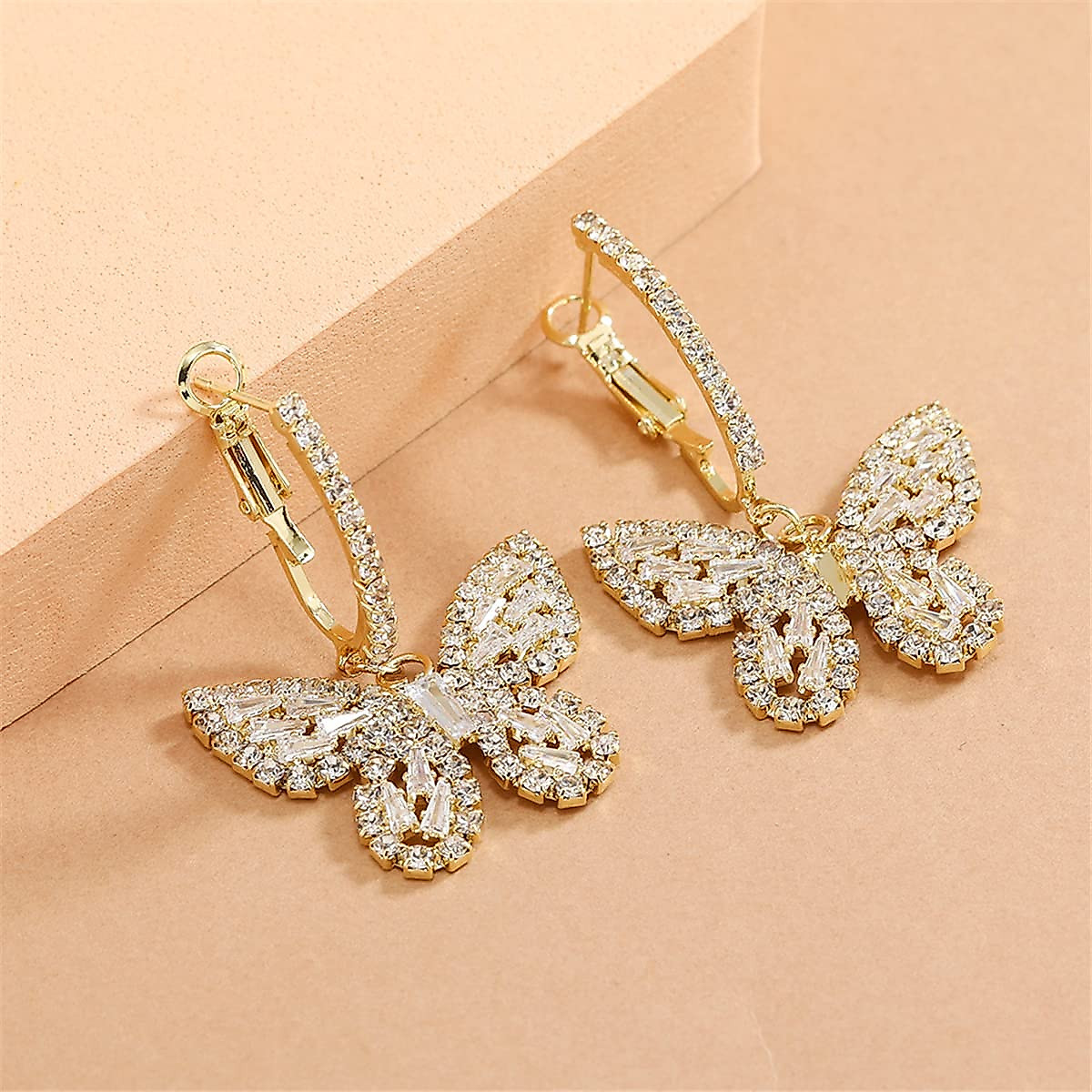 WASAIE Butterfly Hoop Dangling Earrings For Women,Crystal Rhinestone CZ Drop Earrings For Lady,Gold Plated Cubic Zirconia Earrings for Prom Wedding Brides