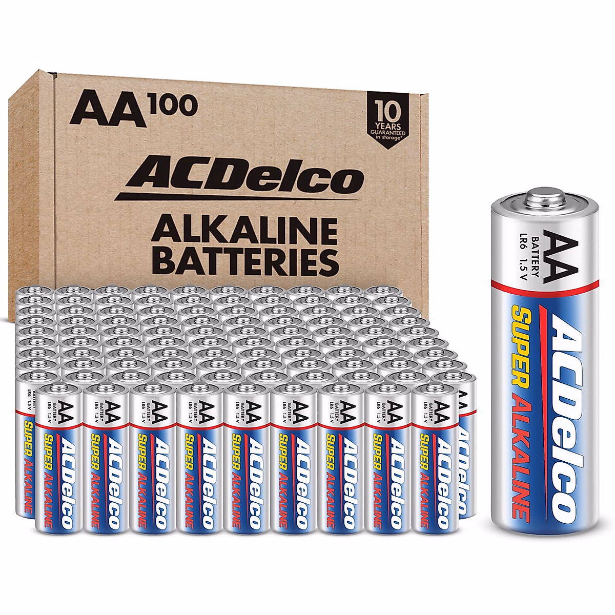 ACDelco 100-Count AA Batteries, Maximum Power Super Alkaline Battery, 10-Year Shelf Life, Reclosable Packaging