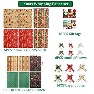 PintreeLand 12 Sheets Christmas Wrapping Paper Set(6 Large&6 Small, 59 Sq. Ft. Ttl) with 12PCS Gift Bows and Labels - Vintage Red Green Xmas Holiday Kraft Present Wrap Paper