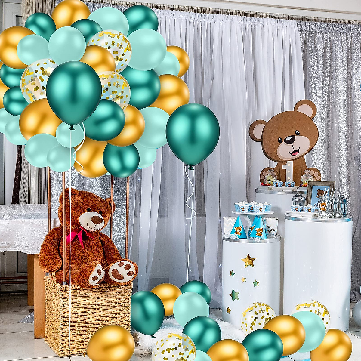 40 Pieces Teal Balloons 12 Inch Mint Green Metallic Gold Balloons for Party Baby Shower Birthday Wedding Anniversary Decorations Jungle Theme Party Balloons