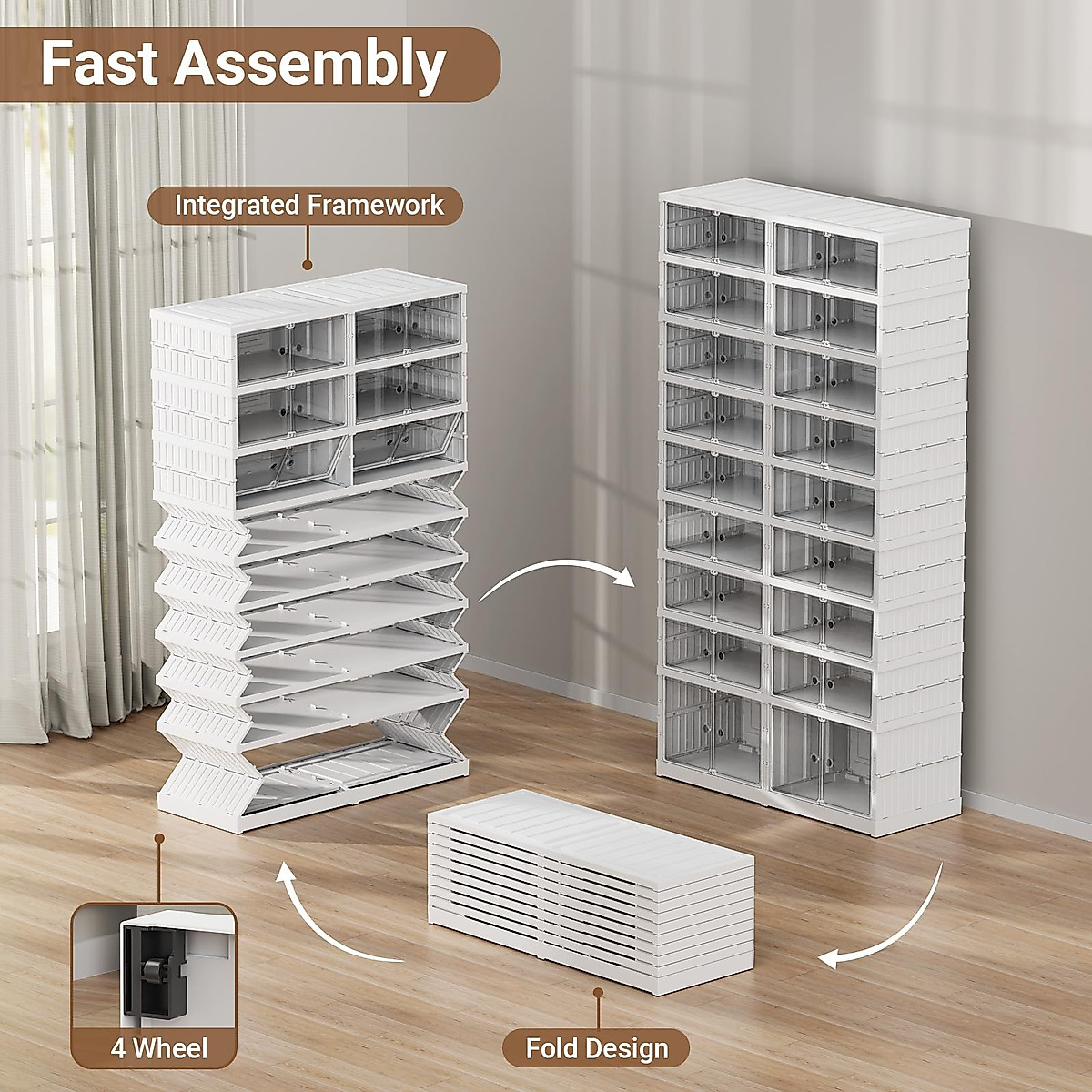 BROVIEW 9 Tier 36Pairs Plastic Shoe Storage Organizer Boxes, Large Collapsible Stackable Shoe Rack for Closet Entryway, Folding Shoe Storage Cabinet Container Sneaker Bin with Clear Doors, White