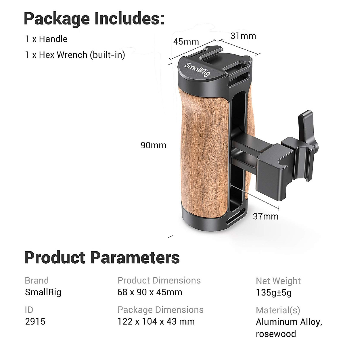 SMALLRIG Wooden Mini NATO Handle Side Handgrip for Mirrorless Digital Camera DSLR Camera Small Camera Cage with Cold Shoe Mount Built-in Wrench, Up and Down Adjustable - 2915