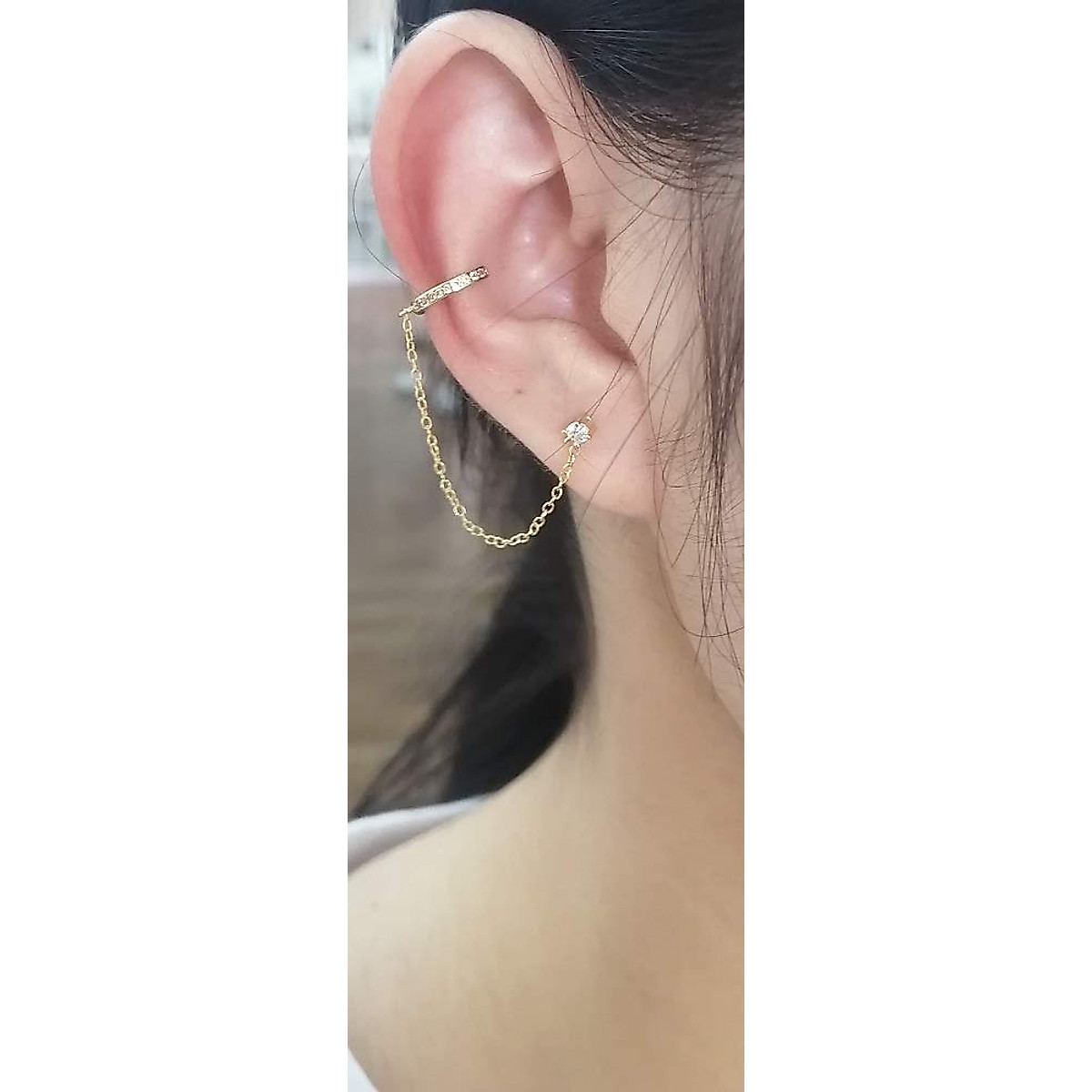 Cuff Hoop Halo CZ Stud Chain Climber Crawler Earrings for Women Teen Girls Cartilage Double Holes S925 Sterling Silver Hypoallergenic Fashion Personalized Small Huggie Hoops Gifts Bff (CZ Gold)