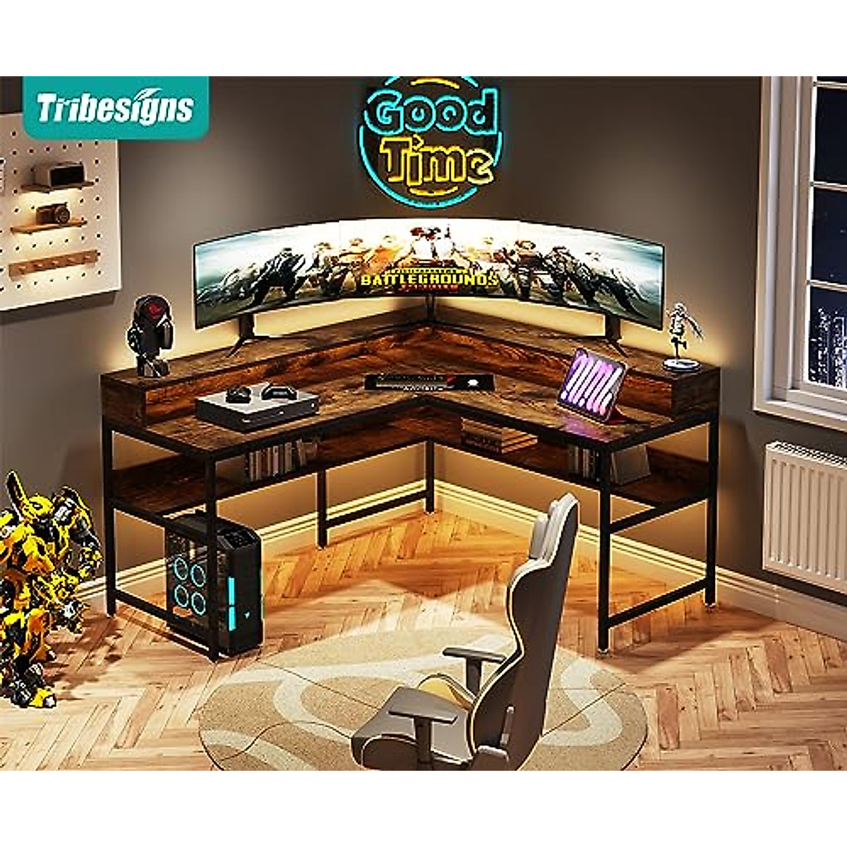 Tribesigns L Shaped Computer Desk with Monitor Stand and Storage Shelf, Rustic Large Corner Computer Desk, Gaming Table Workstation with Bookshelves for Home Office，54”L*47”W