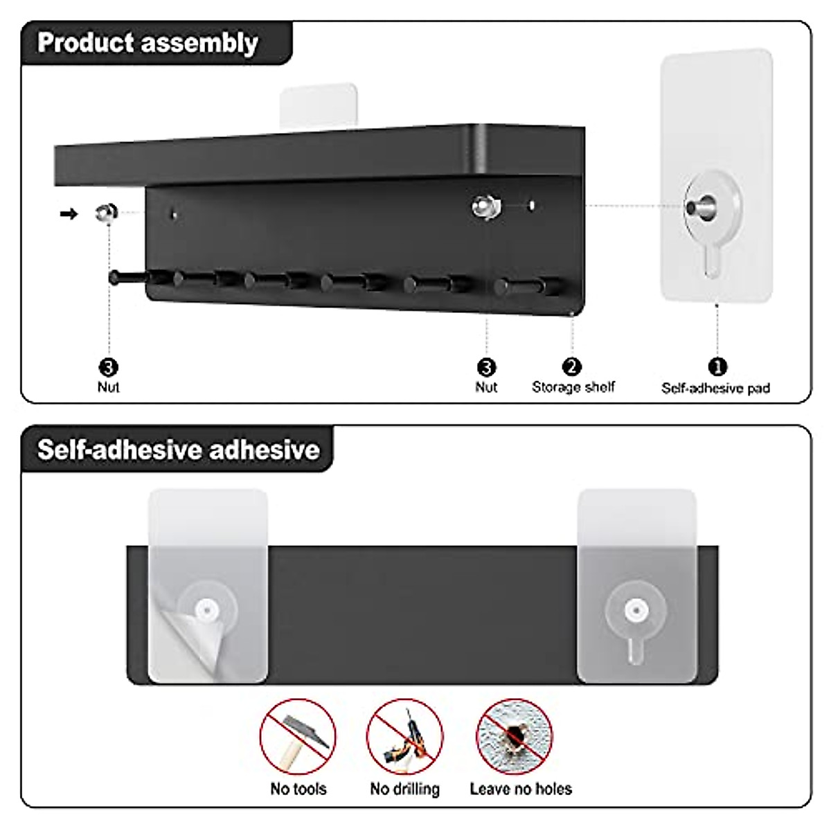 Key Holder for Wall-Mail Organizer Wall Mounted with Small Shelf and 6 Hooks,Key Rack for Home Entryway Hallway Kitchen Farmhouse Office Decor,Rustproof,No Drilling,Black