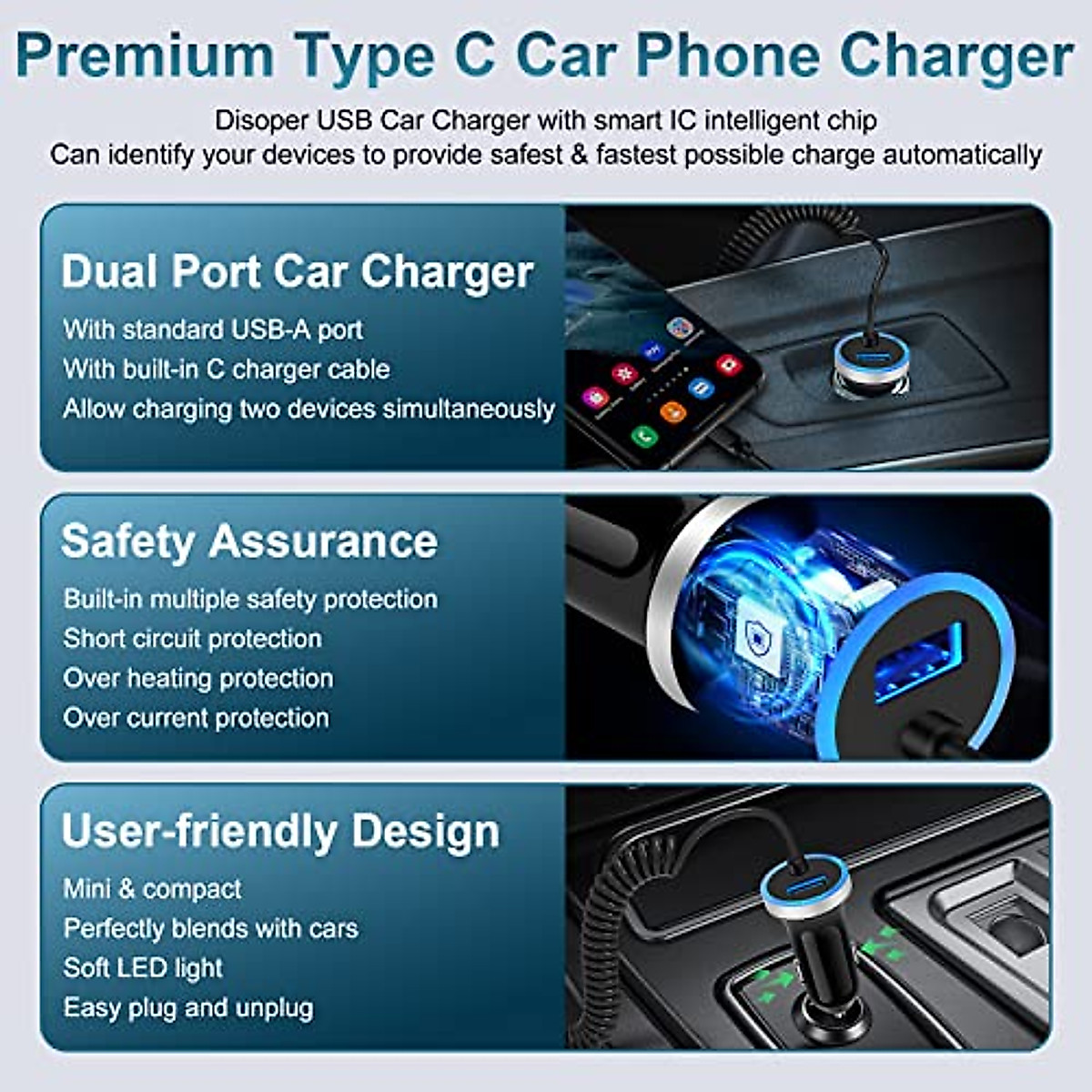 USB C Samsung Fast Car Charger for Samsung Galaxy A14 A23 A54 Z Fold 4 Z Flip 4 A13 S23 S22 Ultra S21FE A53 S20 A03s;Google Pixel 7 Pro 6a 5a 6;3.4A Car Adapter Plug + 3ft Type C Android Charger Cable