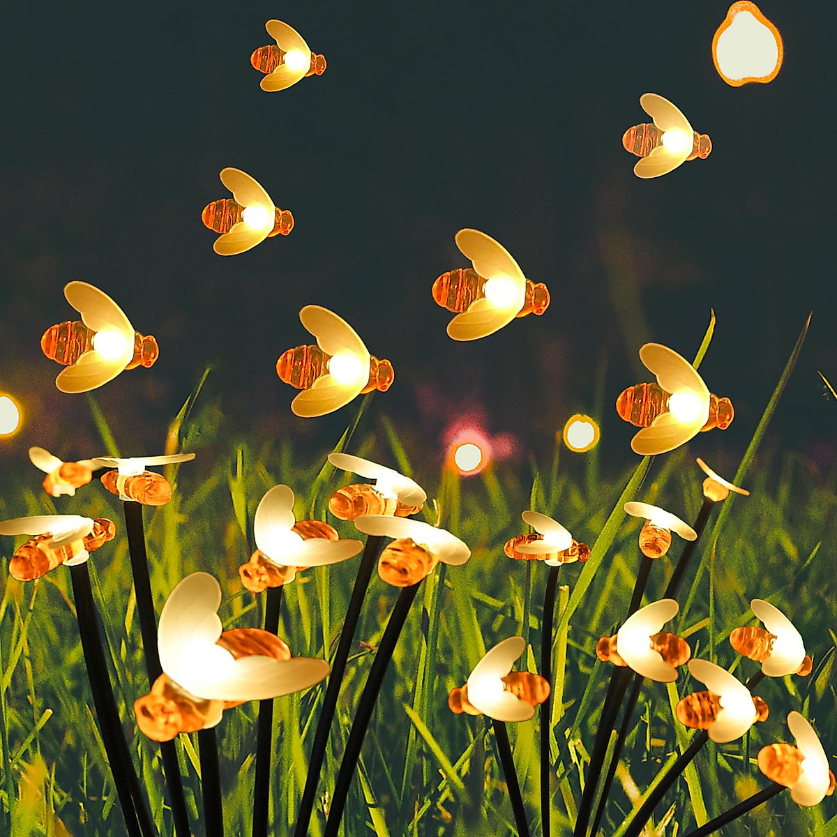 4 Pack 48 LED Solar Firefly Lights, Solar Bee Garden Lights with 2 Lighting Mode, Upgraded Solar Panel, Swaying Waterproof Walkway Lights for Outdoor Garden Yard Lawn Fence