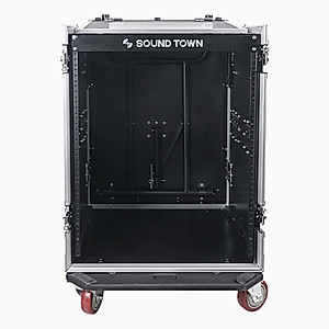 Sound Town 14U PA DJ Rack/Road ATA Case with 11U Slant Mixer Top, 20’’ Rackable Depth, DJ Work Table and Casters, 14 Space Size, Pro Tour Grade (STMR-14UWT)