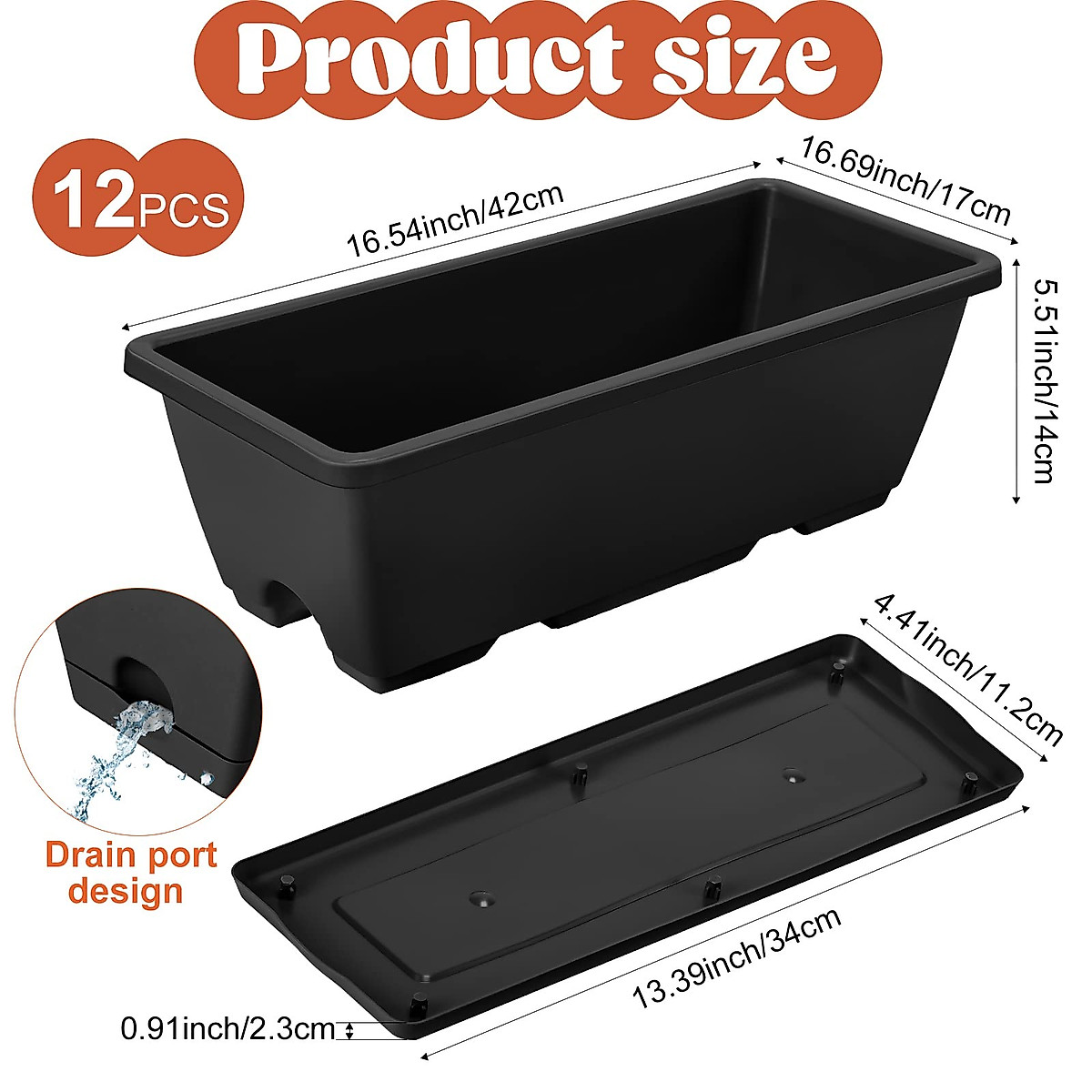 12 Pieces Rectangle Window Box Planter 17 Inch Window Plant Box Herb Planter Plastic Herb Pots for Indoor Plants Large Window Flower Boxes Outdoor with Tray for Garden, Balcony Home Decor (Dark Gray)