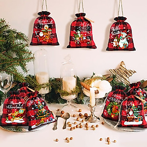 24PCS Small Burlap Bags, 5x7in Christmas Drawstring Treat Bags Xmas Red Plaid Linen Gift Bags Reusable Candy Goodie Wrapping Bags for Holiday Party Favors Supplies (8 Designs)