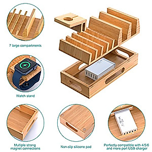 Pezin & Hulin Bamboo Charging Station Holder with 5 Port USB Charger, Watch Stand, 6 x Charge Cable, Wood Docking Stand Electronic Organizer for Multiple Devices, Phones, Tablets, Laptop and More