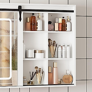 Homsee Farmhouse Mirror Medicine Cabinet with Sliding Barn Door, LED Light & Defogger, Bathroom Wall Vanity with Door, Shelves, Adjustable Light Color & Brightness, White (5.9" D x 47.2" W x 31.5" H)