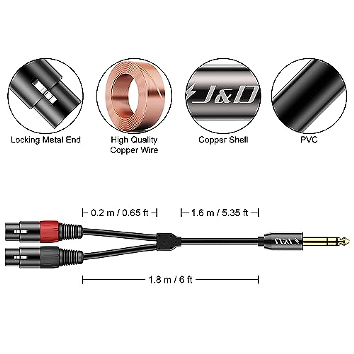 J&D XLR to 1/4inch (6.35mm) TRS Stereo Cable, 2 XLR Female to 6.35mm 1/4 inch TRS Male Unbalanced Interconnect Stereo Audio Cable for Speaker Mic Guitar Mixer AMP, 6 Feet