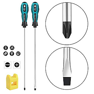 IEBUOBO 10-inch long Screwdriver Magnetic Tip Cross Head Flat Head NO.2 Screwdriver 2 Packs, With Magnetizer/Demagnetizer Tool