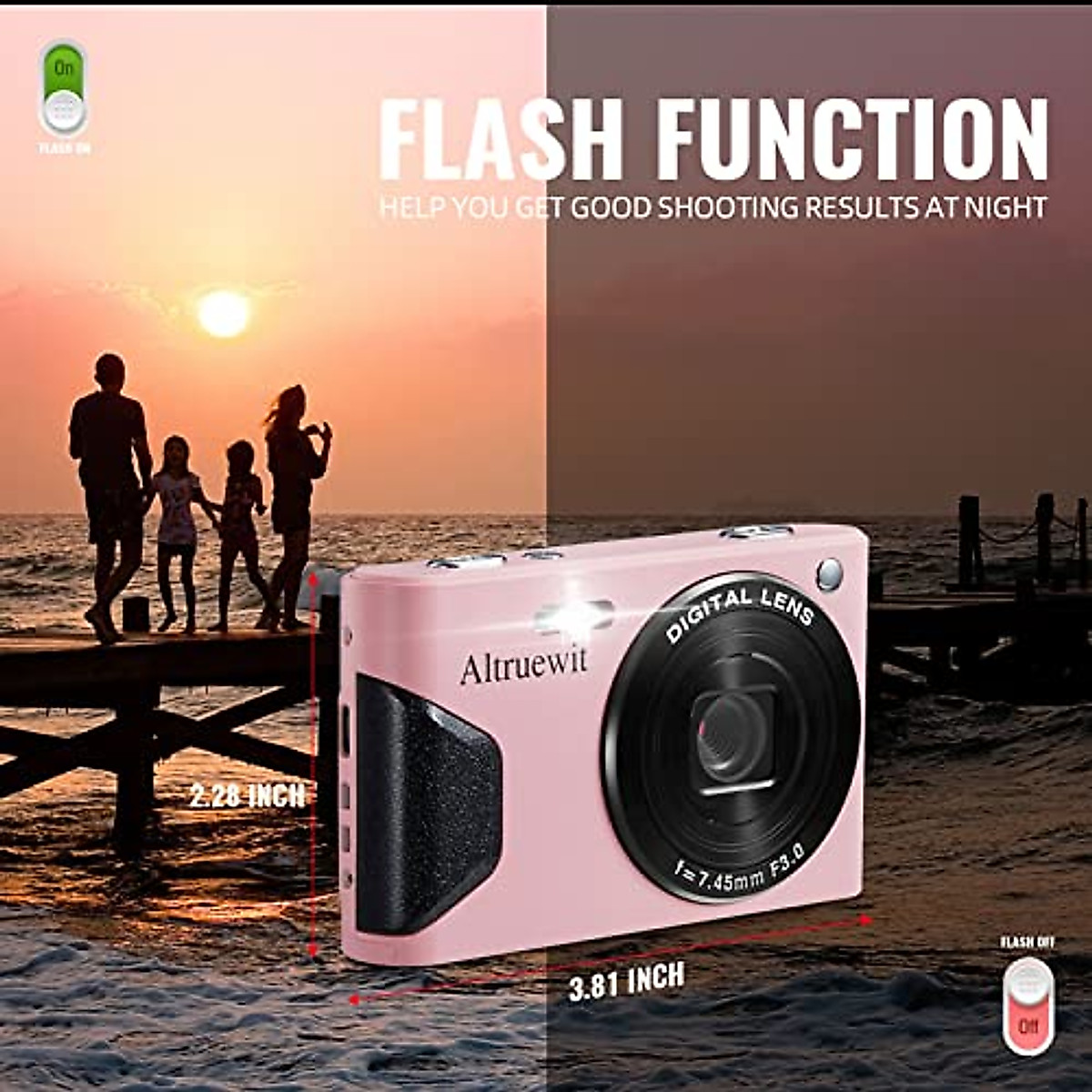 48MP Kids Digital Camera for Girls, Childrens, Teens, Adults, 4-15 Years Old Beginners with 16X Zoom 4K Compact Digital Video Camera Mini Students Camera with Macro -Altruewit (Pink)