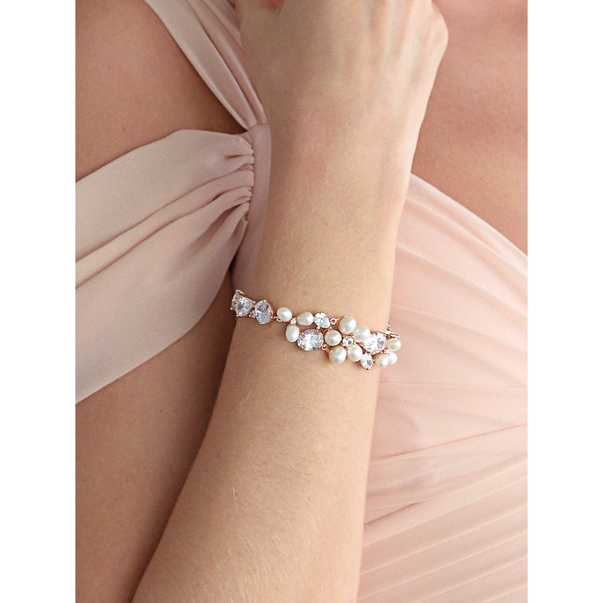 Mariell Pink Rose Gold Plated Cubic Zirconia Crystal Cultured Freshwater Pearl Bridal Wedding Bracelet