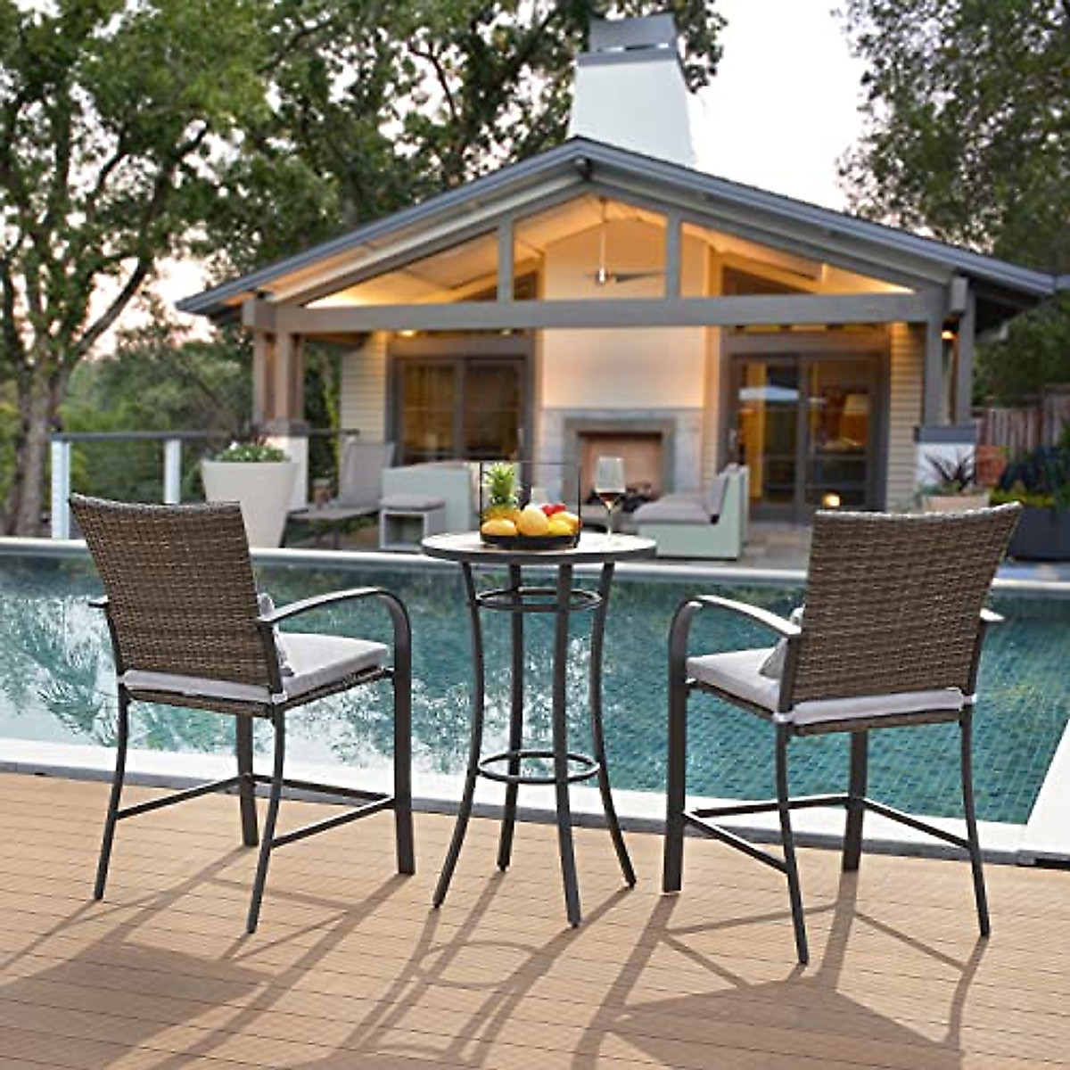 Olmia Outdoor Bar Height Table and Chairs Set of 3, 3PC Outdoor High Top Table and Chairs Set with Gray Cushions and Pillows, Brown Wicker Rattan Bar Height Patio Set with Foot-Rest - Steel Frame