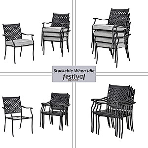 Festival Depot 8-Piece Outdoor Patio Furniture Outdoor Wrought Iron Dining Chairs Set for Porch Lawn Garden Balcony Pool Backyard with Arms and Cushions (8Pcs, Grey)