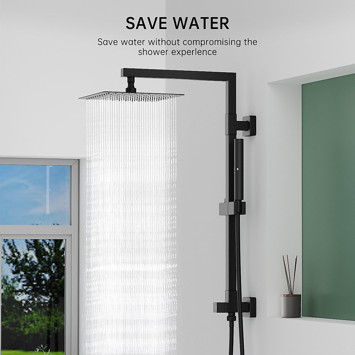 BESy Brass Shower Arm, Square 10 Inch Rainfall Shower Head with Handheld Spray Combo, Dual Showerhead Rain Set 2 Setting Hand Held Sprayer with Adjustable Slide Bar, With Shower Hose, Matte Black