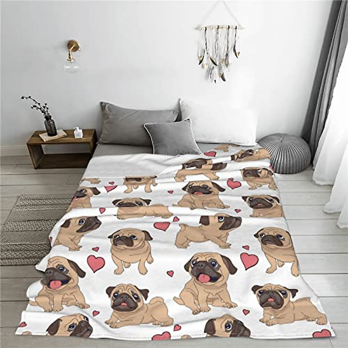 Cute Pug Dog Puppies Throw Blanket Soft Bed Blankets Lightweight Cozy Plush Flannel Fleece Blanket for Sofa Couch Bedroom 60"X50"