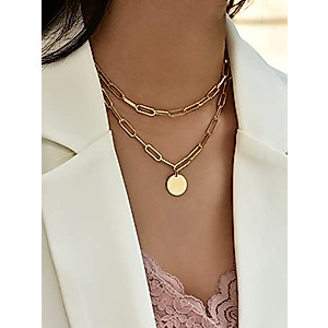 GORGLITTER Women's Round Pendant Layered Necklace Paperclip Chain Necklaces Gold One Size