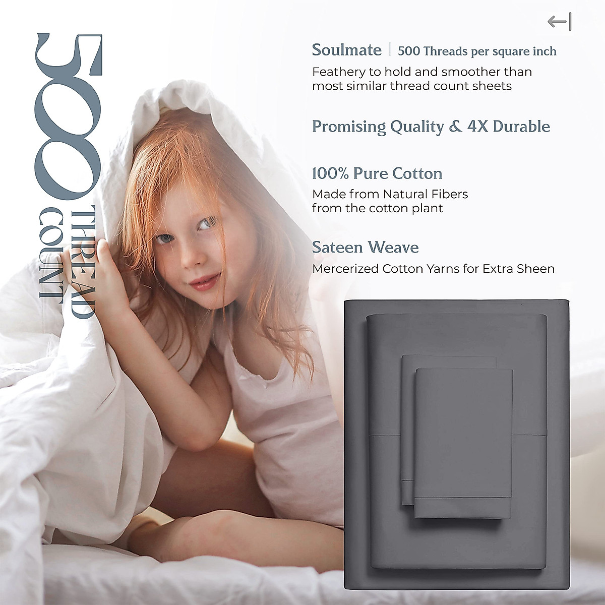 Mayfair Linen 100% Cotton Bed Sheets Queen Sheet Set - 500 Thread Count Sheets Queen Size 4 PC Set (Dark Grey), Soft, Cooling, Hotel-Quality 16" Deep Pocket Sateen Cotton Bedsheet for Hot Sleepers