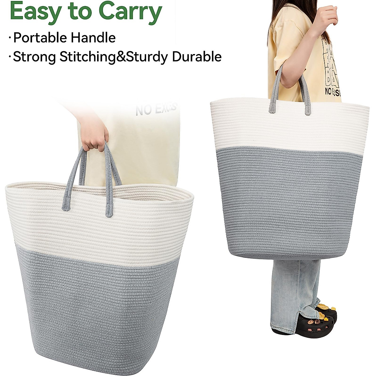 CHICSTASH Cotton Rope Laundry Hamper with Handles,76L Large Laundry Basket Blanket Basket for Living Room Durable Dirty Clothes Basket for Bedroom, Dorm, Towels, Toys(16x13x22in Grey & White)