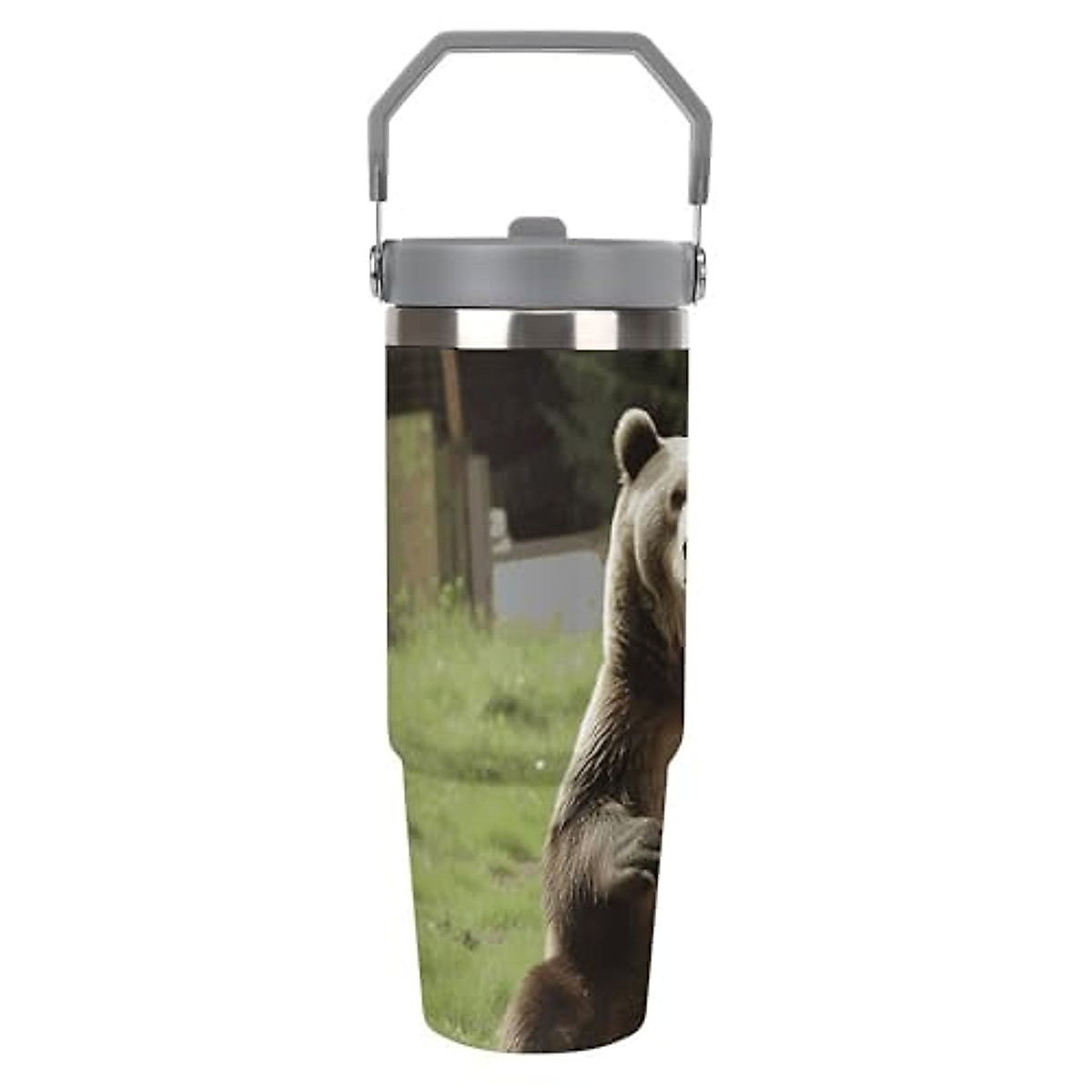 Hi Bear Sit on The Lawn 30oz Stainless Steel Insulated Tumbler with Straw & Foldable Handle - Leakproof, Double-Wall Vacuum Travel Thermos for Hot/Cold Drinks, Non-Slip Base, Fit Cup Holders