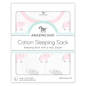 Amazing Baby Cotton Sleeping Sack, Wearable Blanket with 2-way Zipper, Pastel Pink + Gray Tiny Elephants, Small (0-6 mo)