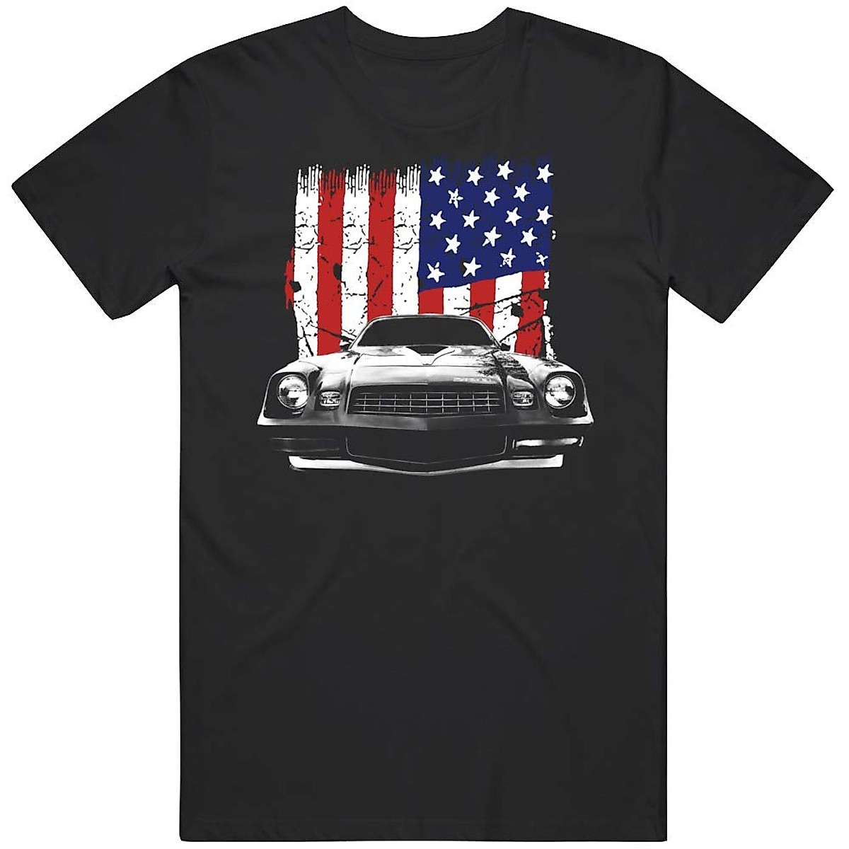 PurpleMonkeyTees 1979 1980 1981 Camaro Z28 Front Grill View with Us Flag T Shirt XL Black