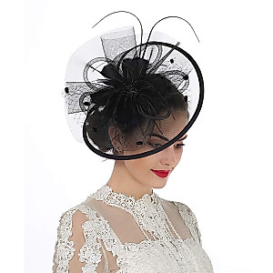 Lucky Leaf Women Girl Fascinators with Hair Clip Hairpin Hat Bowknot Feather Flower Veil Cocktail Wedding Tea Party Hat (8-Black)