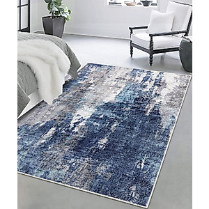 Uphome 5x7 Living Room Rug, Modern Washable Rug for Bedroom, Abstract Soft Non-Slip Dining Room Rug, Blue Aesthetic Foldable Indoor Carpet for Nursery Kitchen Playroom