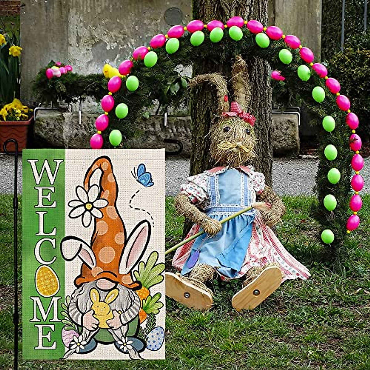 CROWNED BEAUTY Happy Easter Garden Flag Gnome Welcome 12×18 Inch Double Sided Outside Vertical Holiday Yard Decor