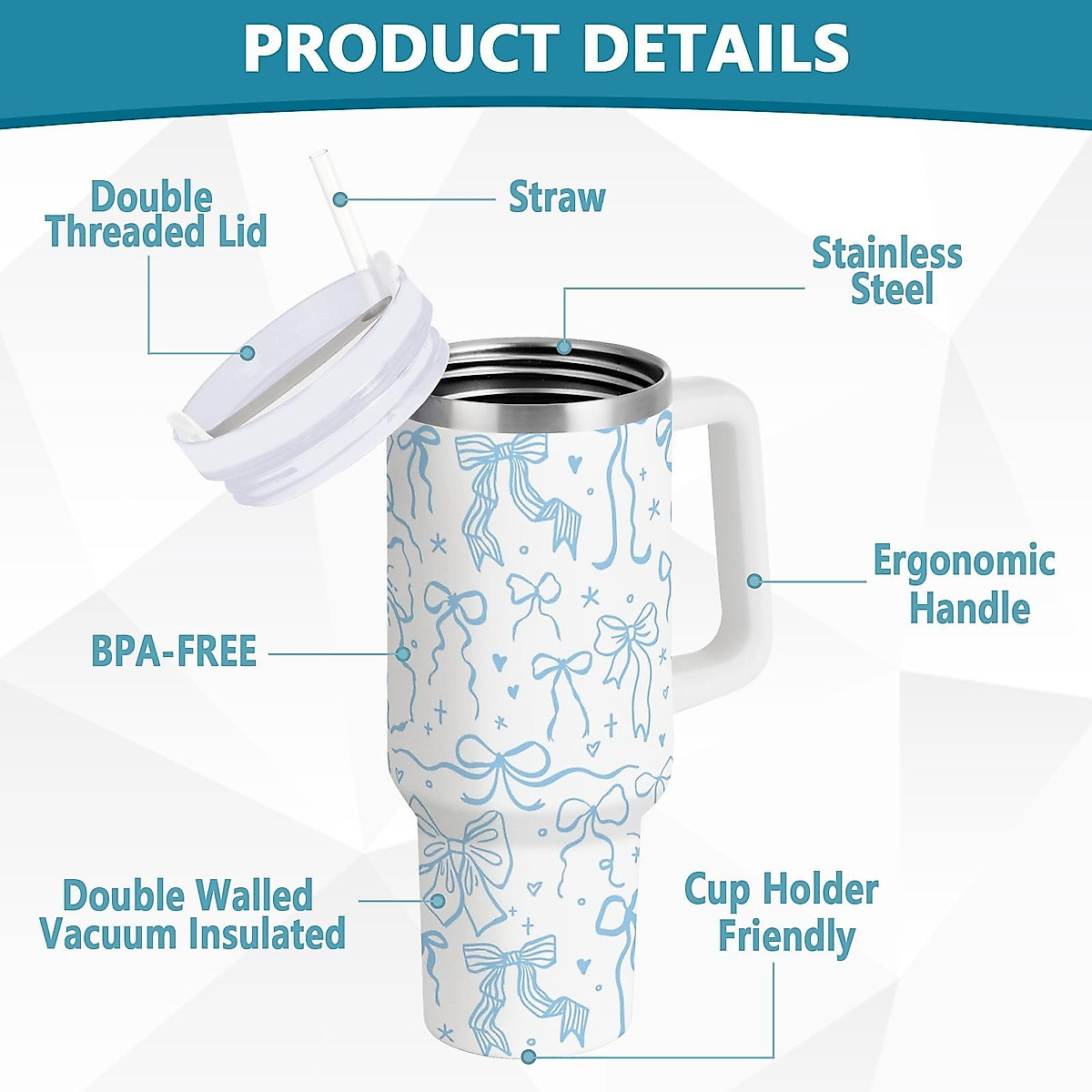 Bseiialft 40 oz Tumbler with Handle Blue Bows Heart Star Water Bottle with Lid and Straw Vacuum Insulated Cup Stainless Steel Travel Coffee Mug for Home Office Car
